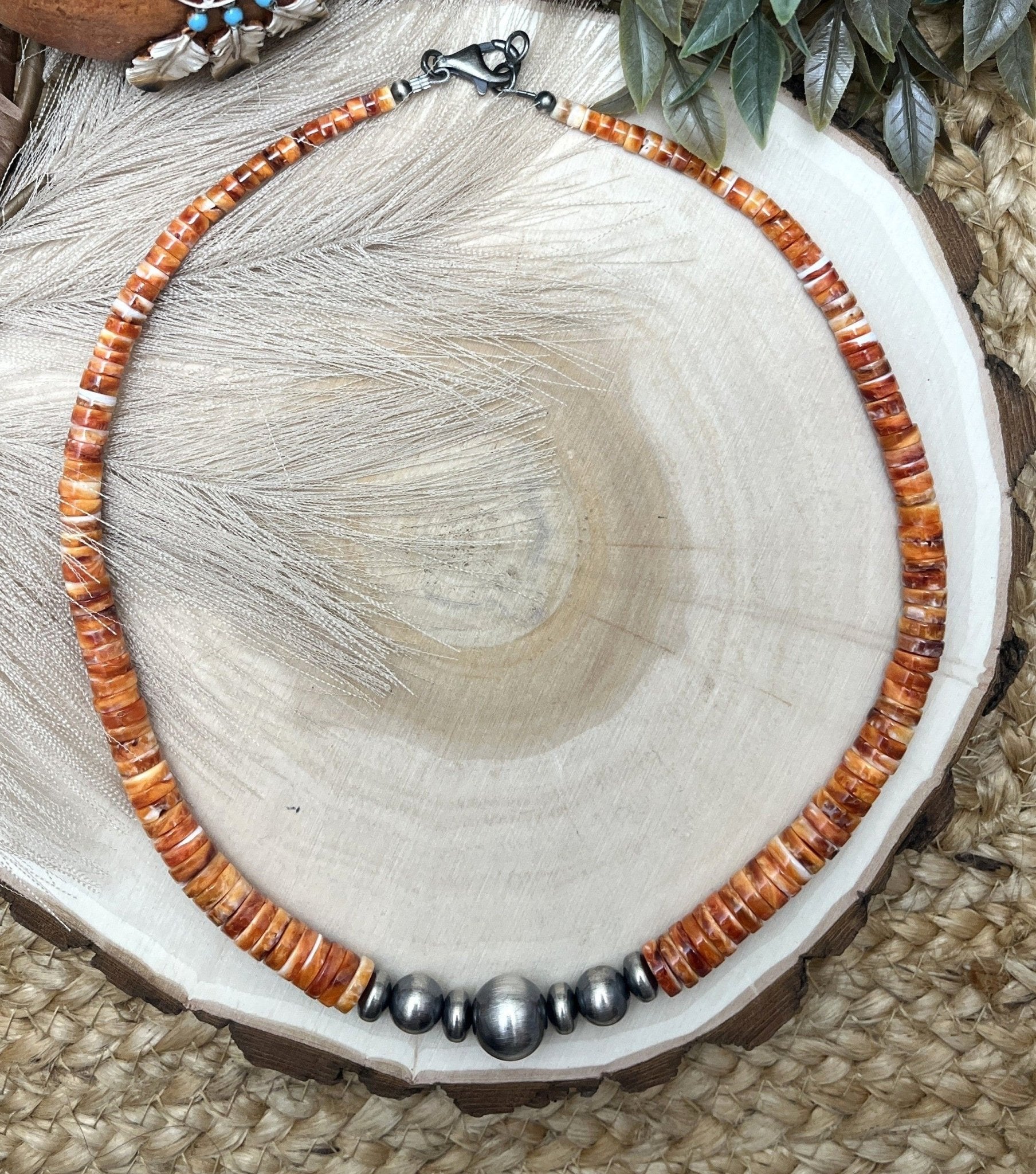 Desert Pearls & Orange Spiny Oyster Necklace – Sunset Turquoise Mountain